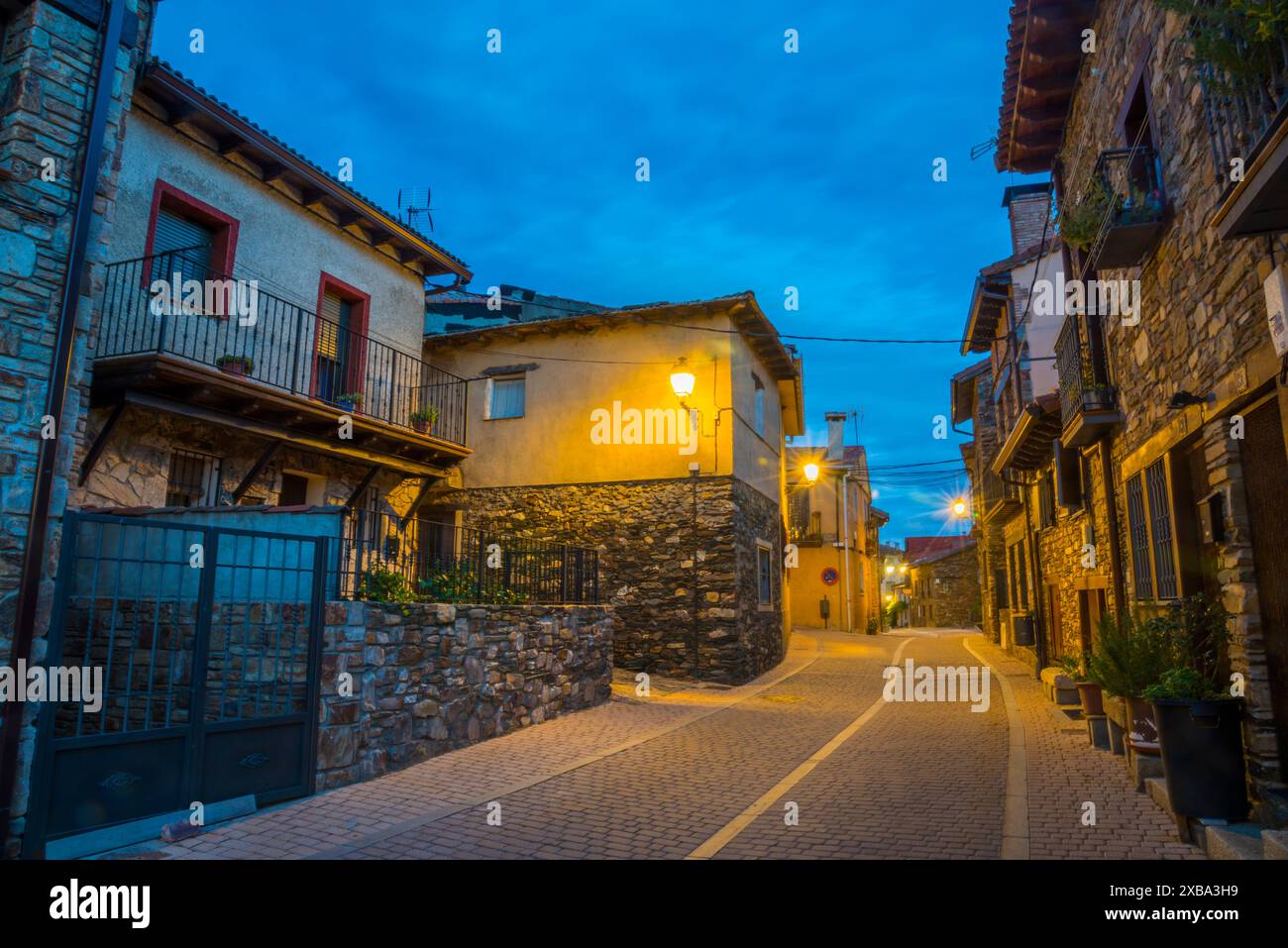 Street, night view. Puebla de la Sierra, Madrid province, Spain Stock ...