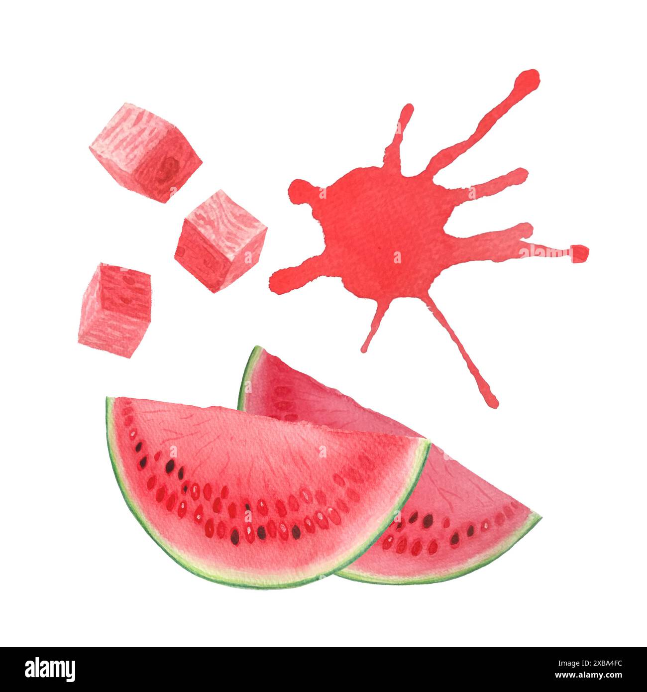 Watermelon slices and pink cubes and juicy splash. Watercolor set ...