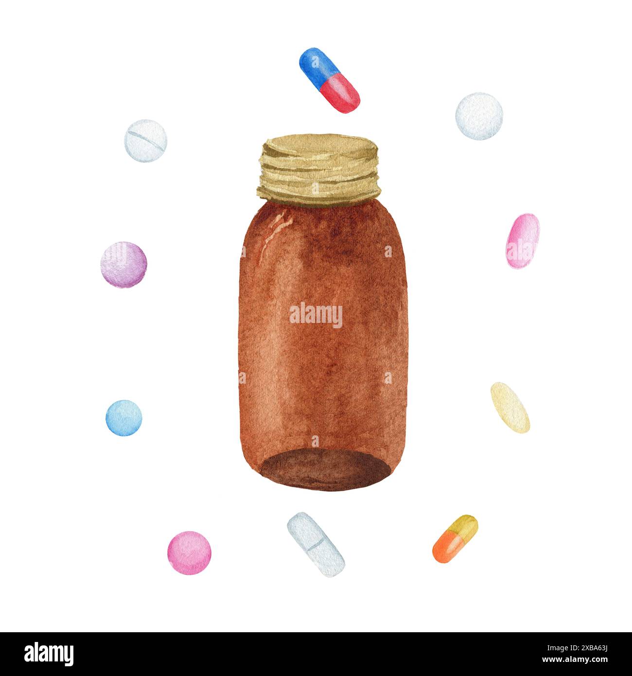 Set of medical elements - pills and glass bottle. The concept of ...