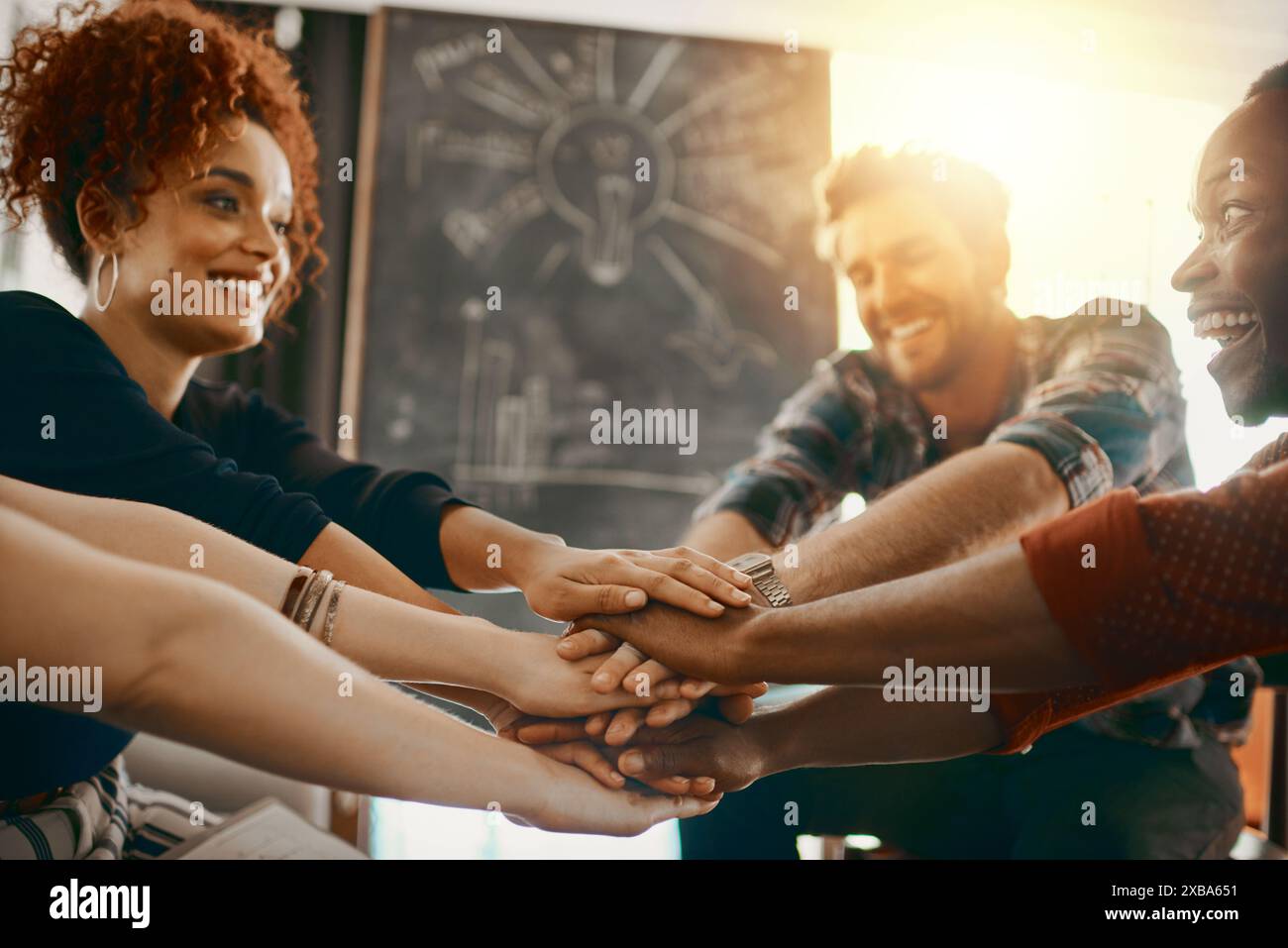 Business people, hands stack and support together for collaboration with trust and team building ...