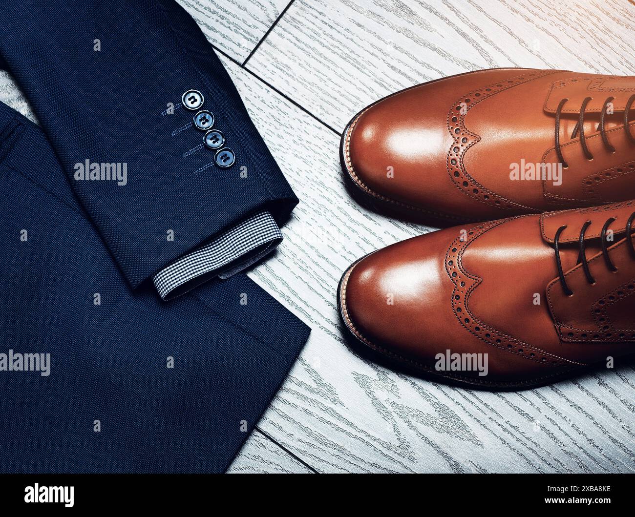 Fashion, flat lay and outfit for business on wooden surface from above ...