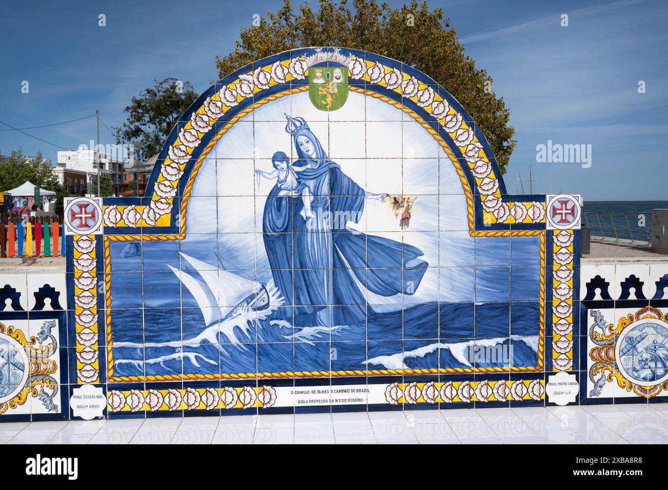 Portugal, Olhao, Algarve May 2024. Blue tiles (azulejos) telling the ...