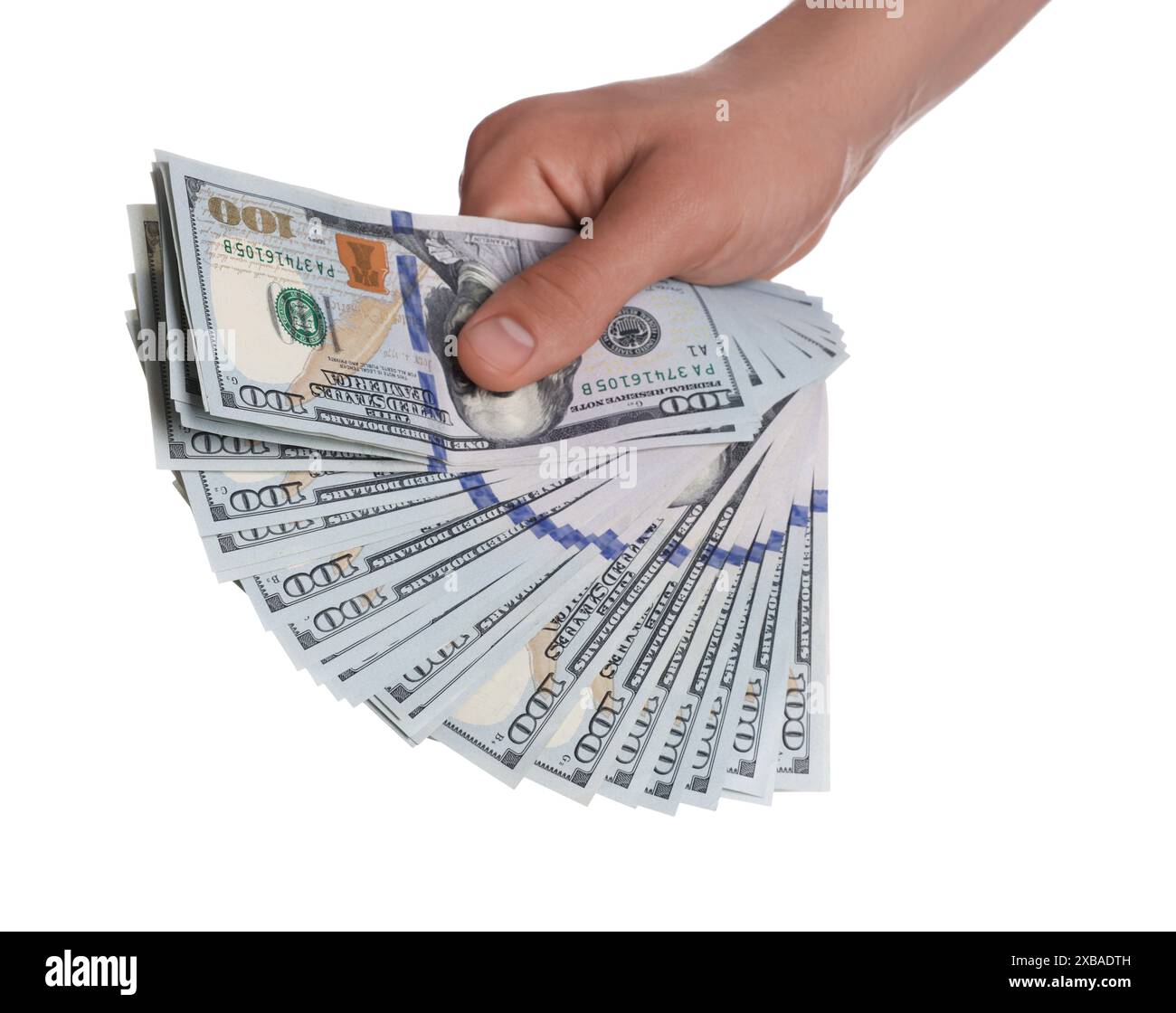 Money exchange. Man holding dollar banknotes on white background ...