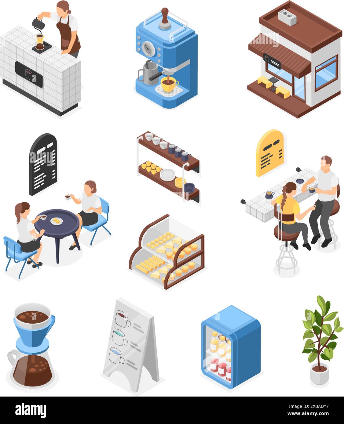 Isometric restaurant elements. Cafe or cafeteria workers doing filter ...