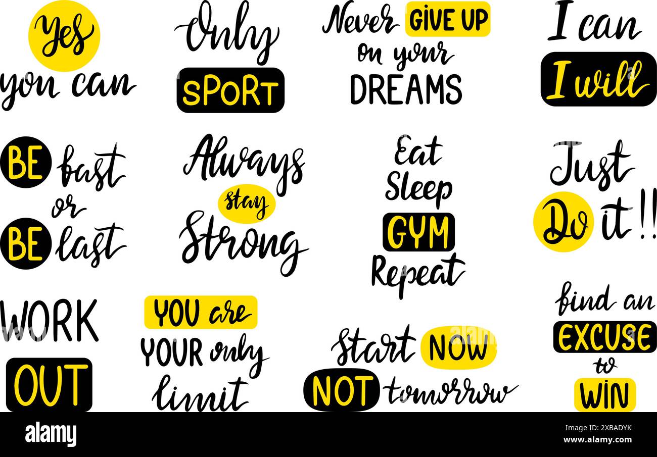 Motivation sport phrases. Positive motivational lettering elements ...