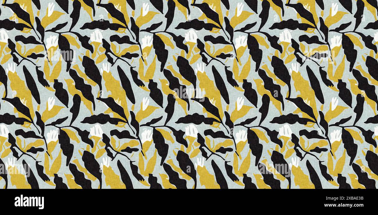 Modern printed fabric flower block print pattern with linen texture ...