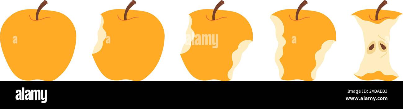 Apple eating steps cartoon icon set. Stages of biting yellow ripe apple ...