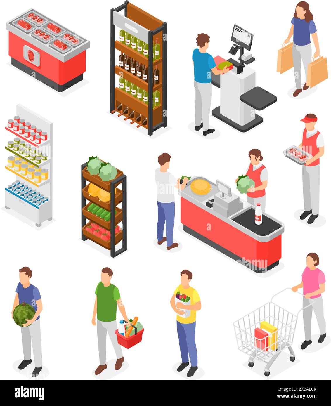 Isometric people in grocery supermarket. Person on cash self service buy food. Different ...