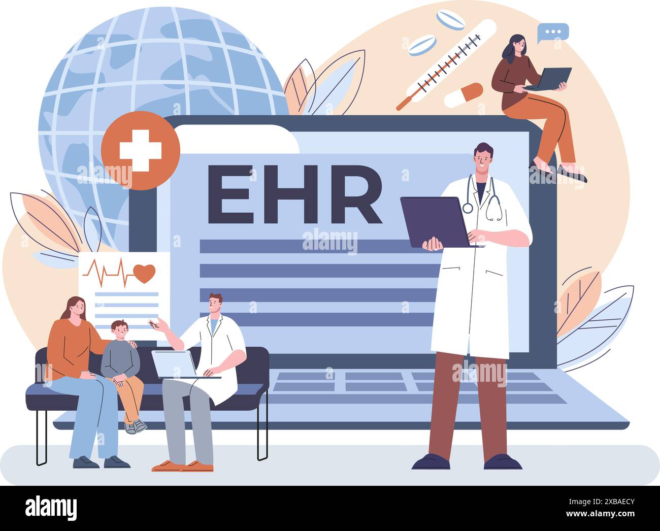 Ehr concept. Electronic medical record, doctor with laptop and info on ...