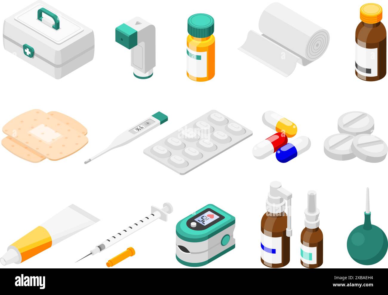 Isometric medical equipment and first aid kit. Pills, bandage, cream ...