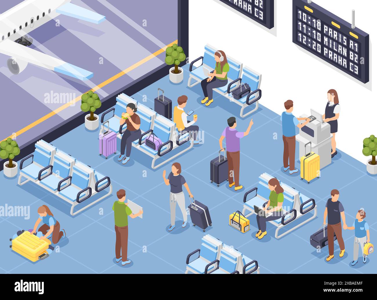 Isometric airport waiting room. Departure zone with passengers with suitcases and bags ...
