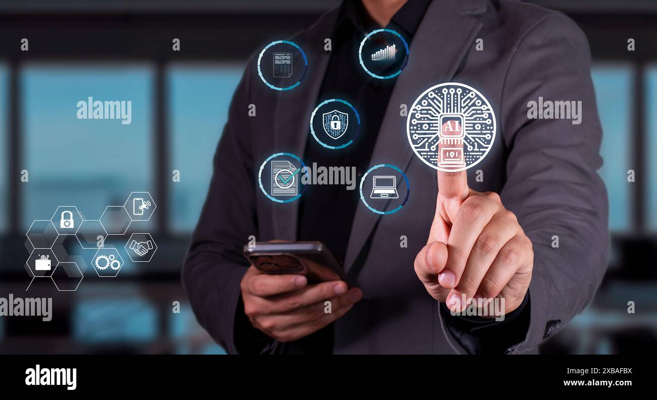 Businessman teaches the concept of optimizing business processes using artificial intelligence ...