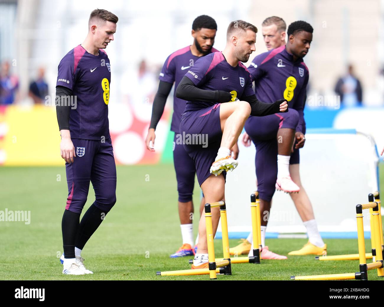 England's Luke Shaw (centre) and team-mates during a training session ...