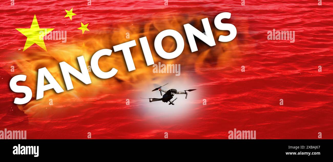 China sanctions. Banner sky with China flag drones. Warfare technology ...