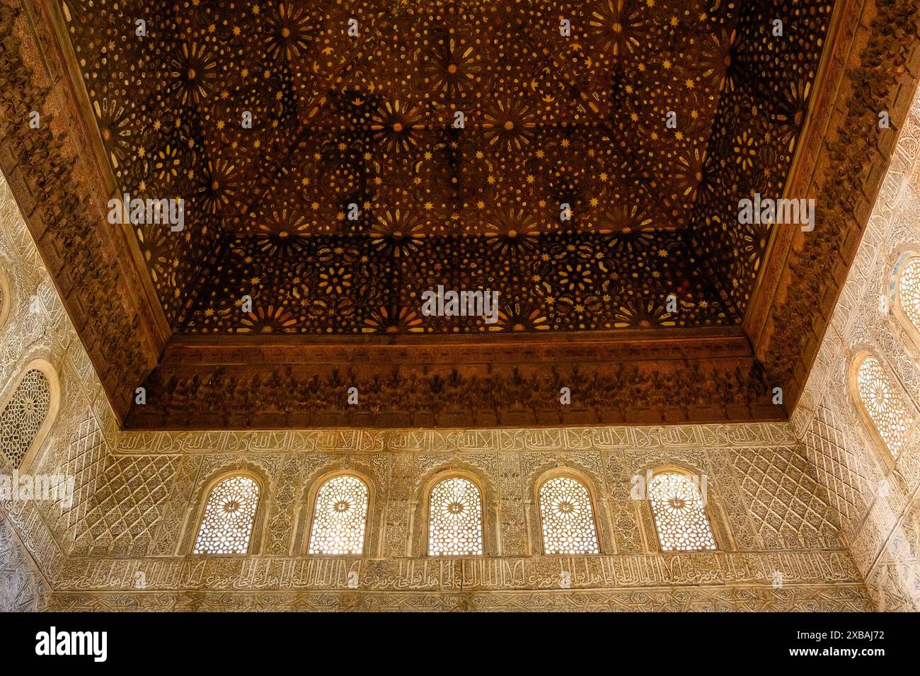 Decoration in ancient Islamic style ceiling. Indoors view of medieval ...