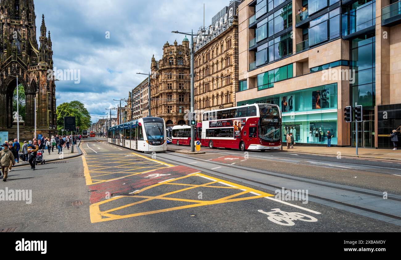 Edinburgh buses and Tram travelling in Princes Street, Edinburgh ...