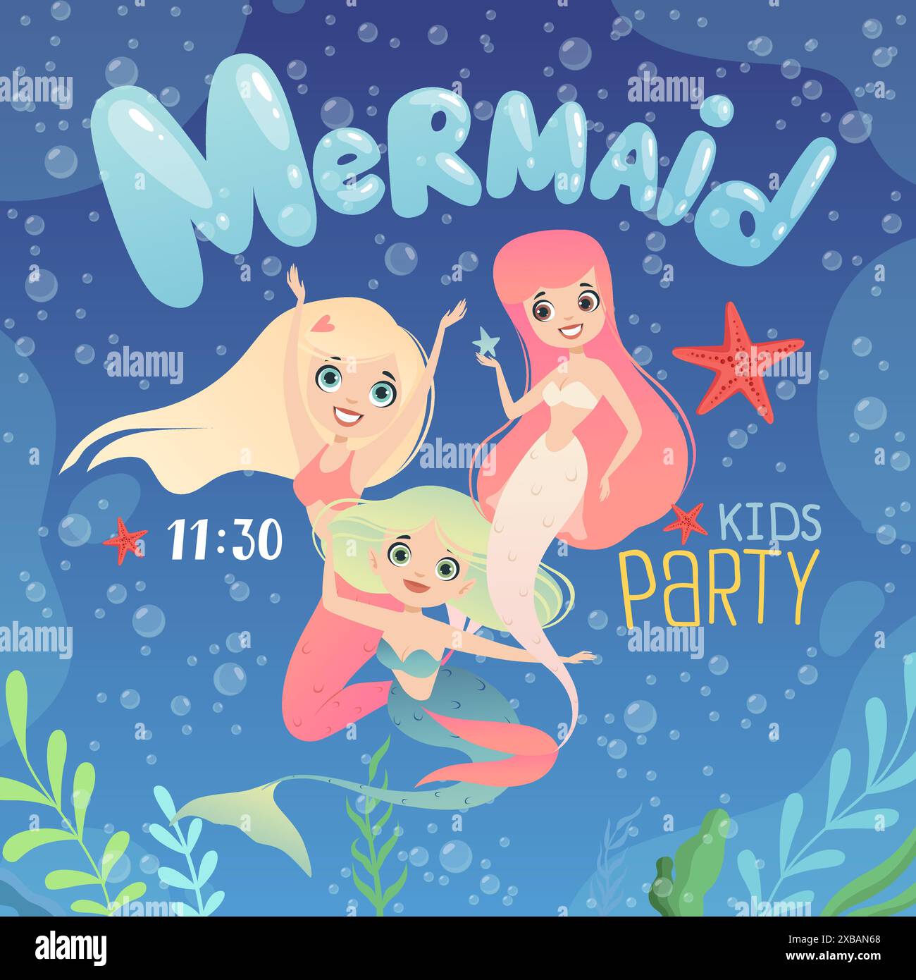 Kids party invitation. Placard with happy little mermaid characters ...