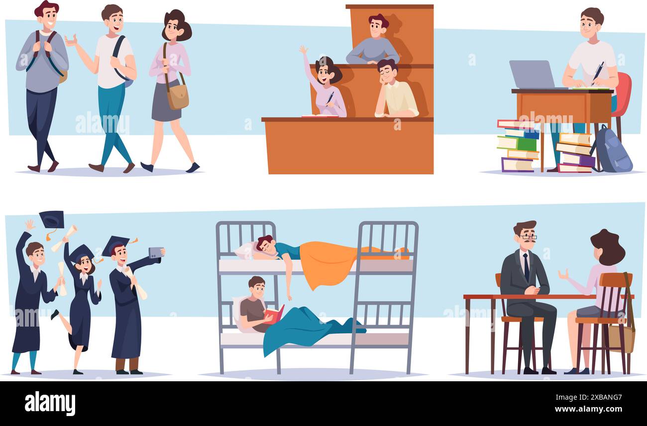 Student education. Daily routine of students lifestyle lectures exam ...