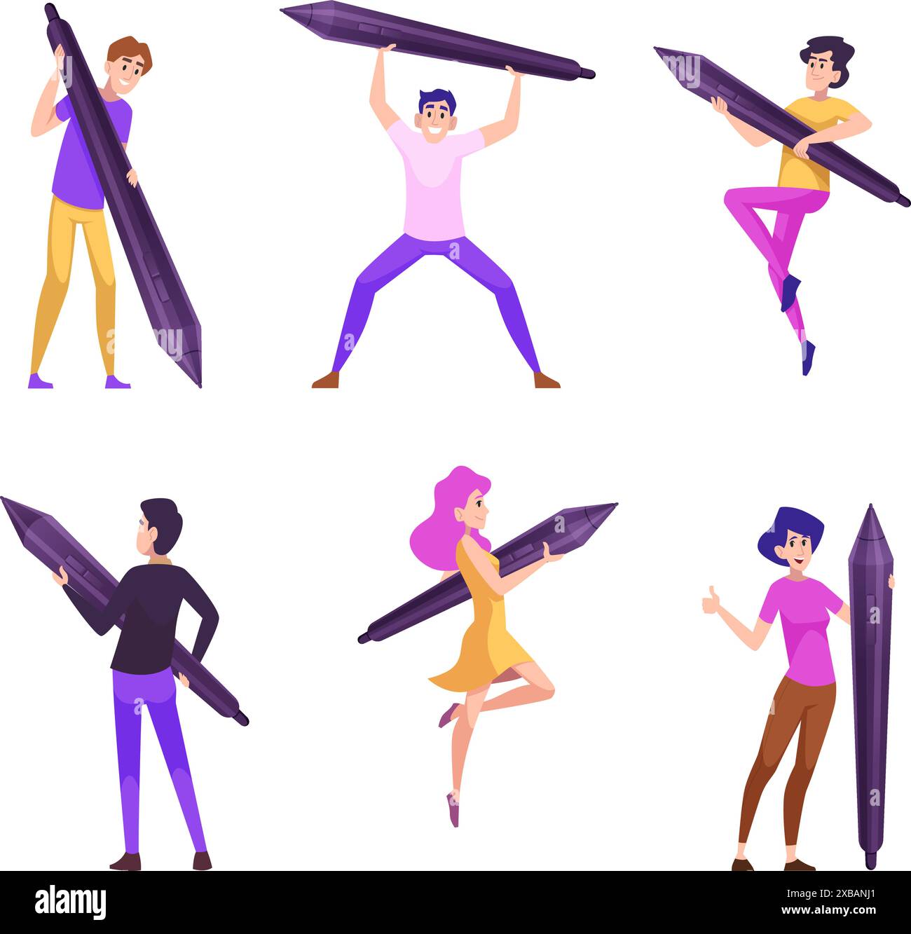 Holding stylus. People drawing pictures with big stylus exact vector ...