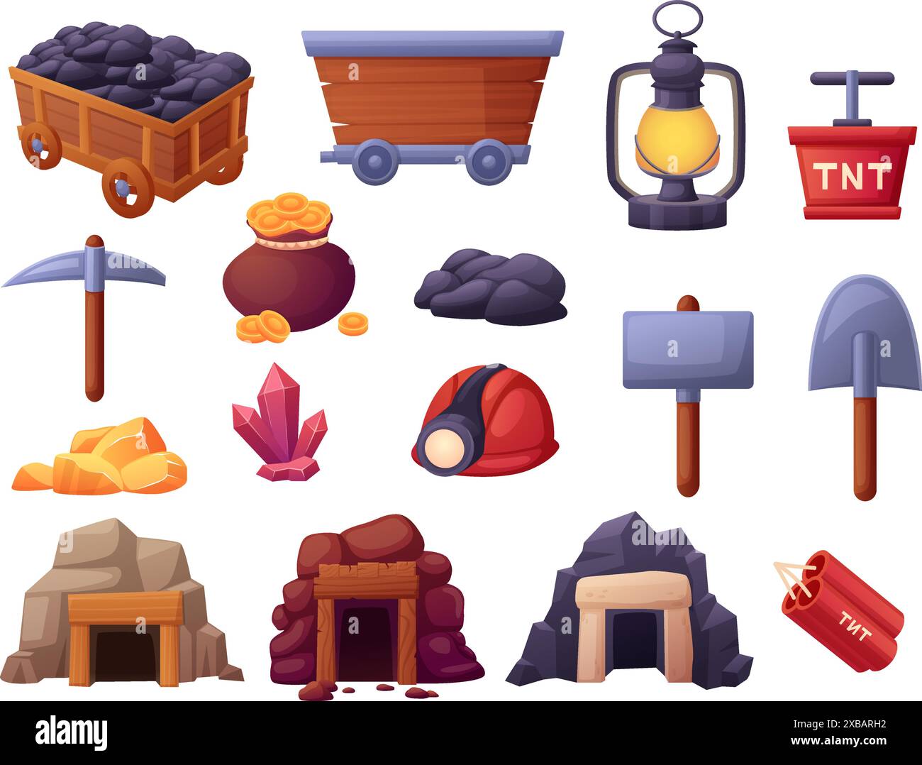 Cartoon mining elements. Mines entrances, coal in wooden trolley ... Cartoon mining elements. Mines entrances, coal in wooden trolley ...