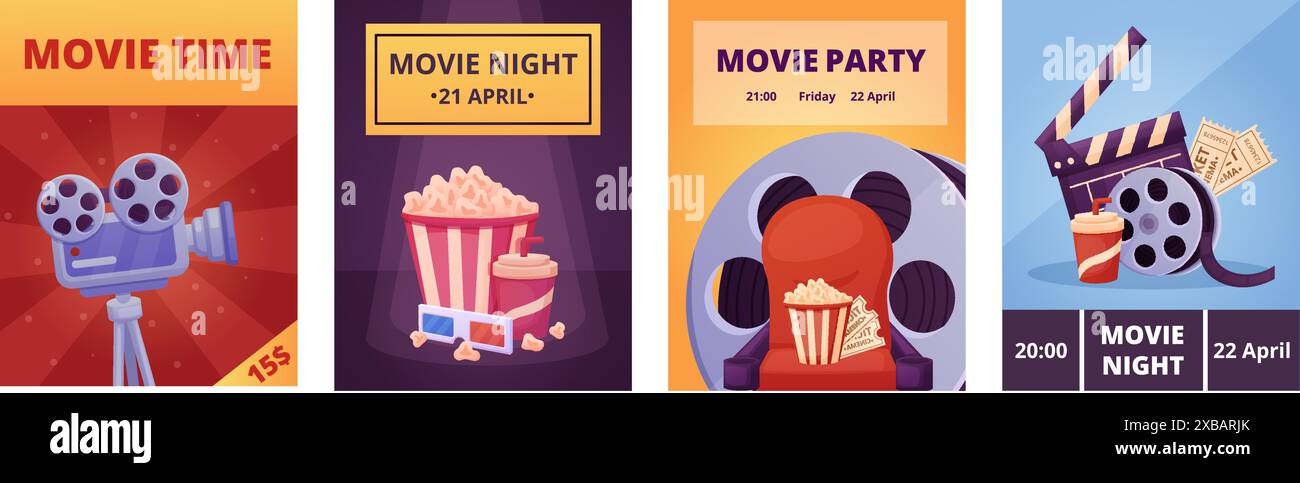 Cinema cartoon posters. Movie premiere banners design with chairs ...