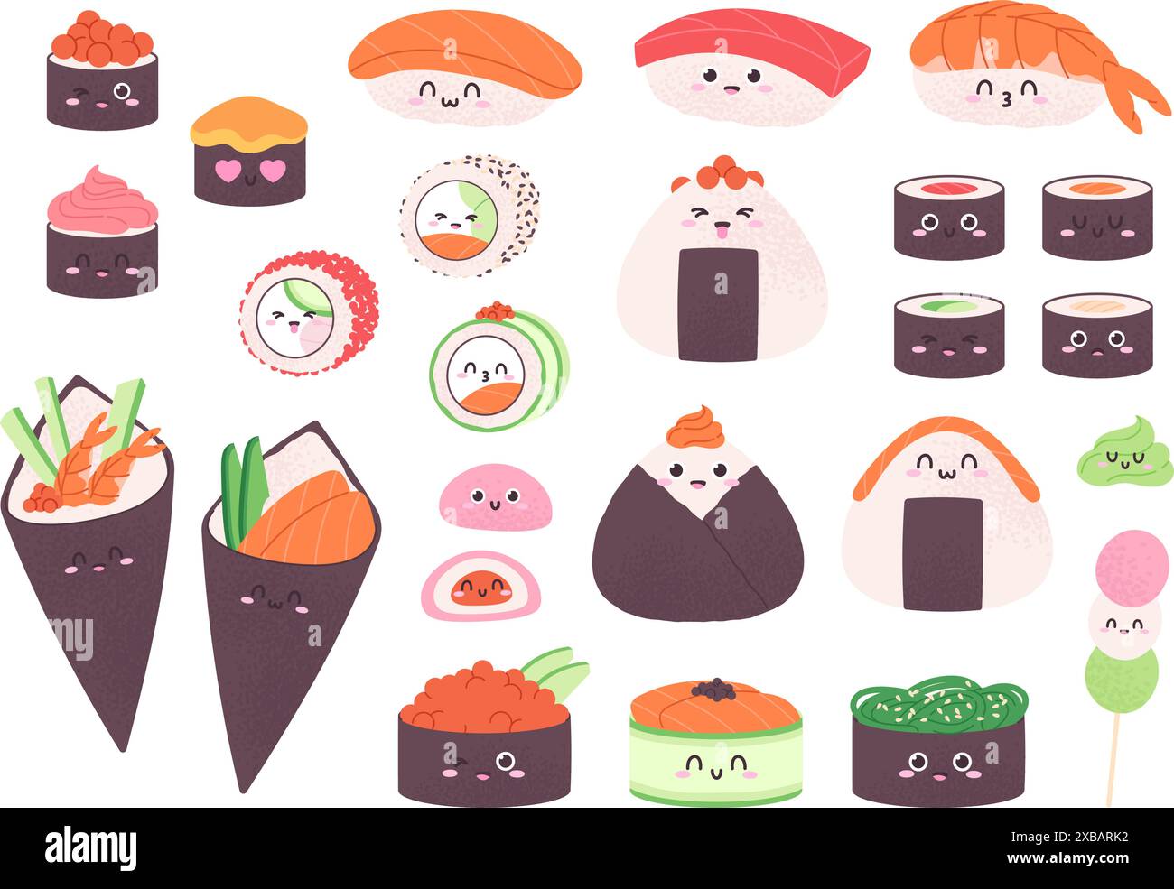 Sushi characters. Cute onigiri and rolls, funny faces traditional asian ...