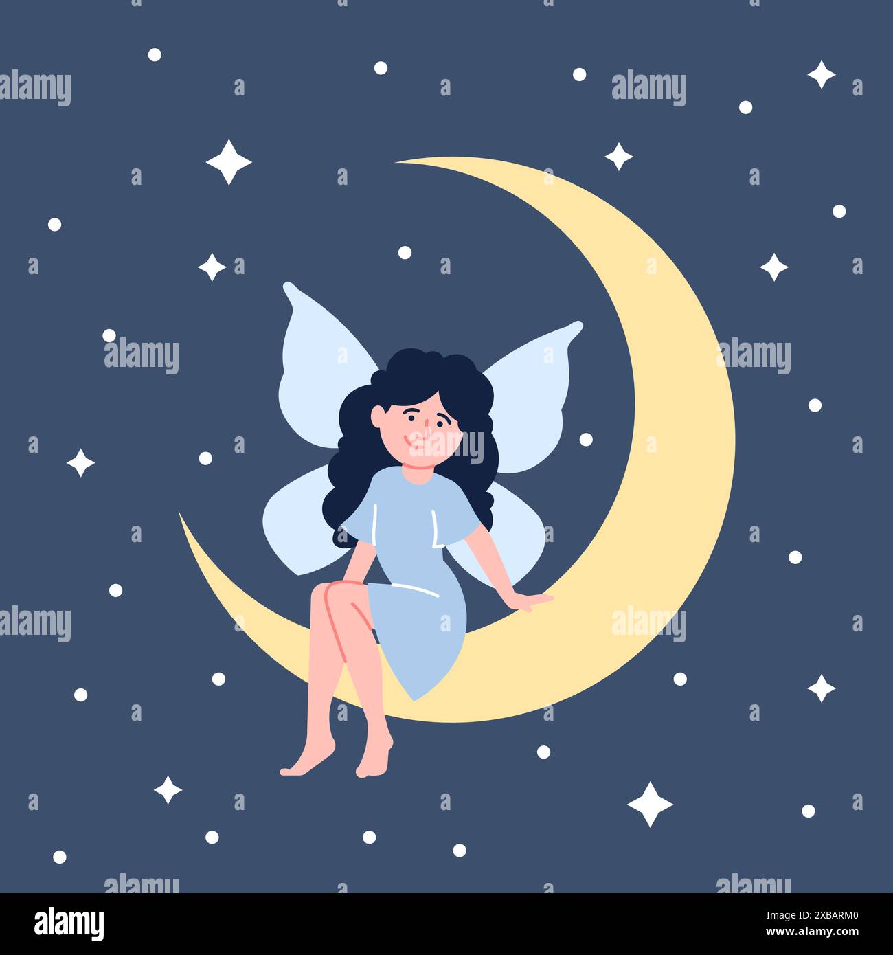 Girl on moon. Cute little toddler with butterfly wings dreaming in star ...