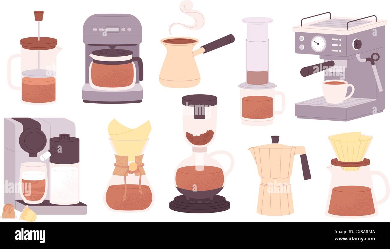 Coffee makers. French press filter and capsules. Espresso machine and cezve. Cafe or bakery ...