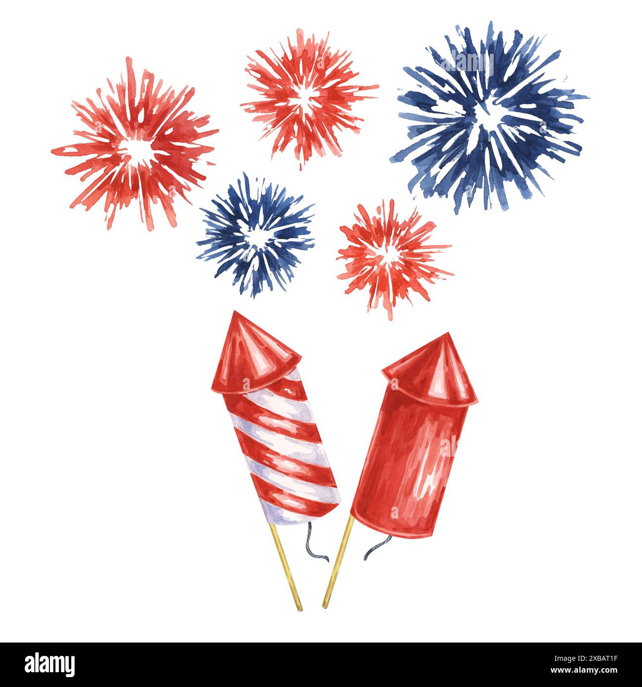 Fourth of July banner. Red, Blue firecrackers and fireworks bursts ...