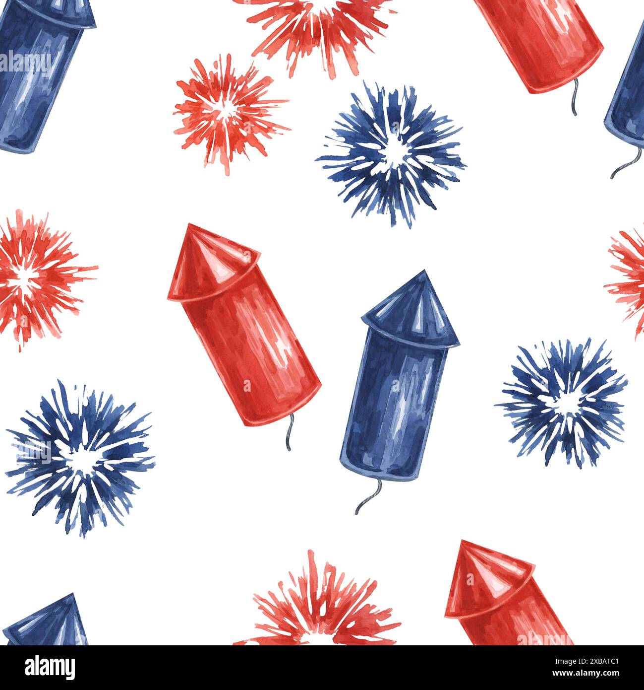 Fourth of July seamless pattern. Red, Blue firecrackers and fireworks ...