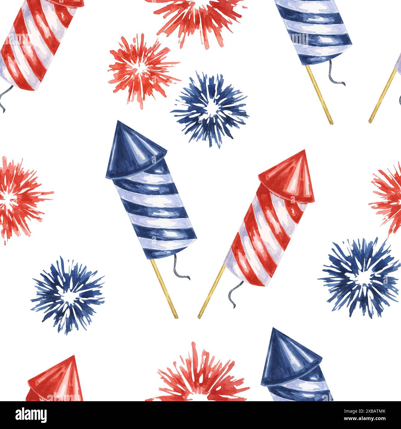 Fourth of July seamless pattern. Red, Blue firecrackers and fireworks ...