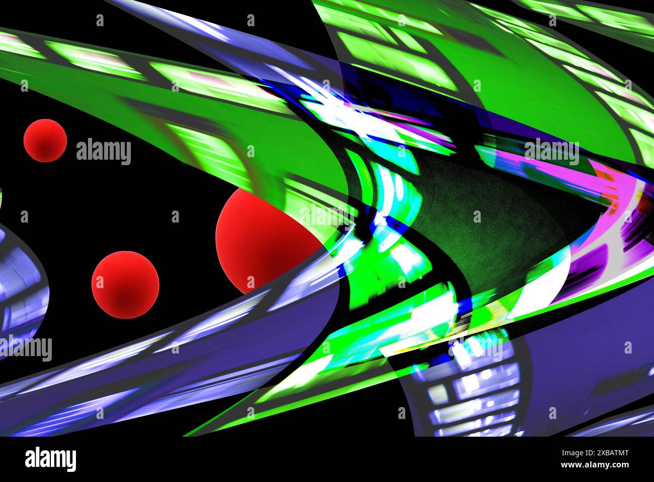 Abstract design of bent structured shapes in green, blue and black with ...