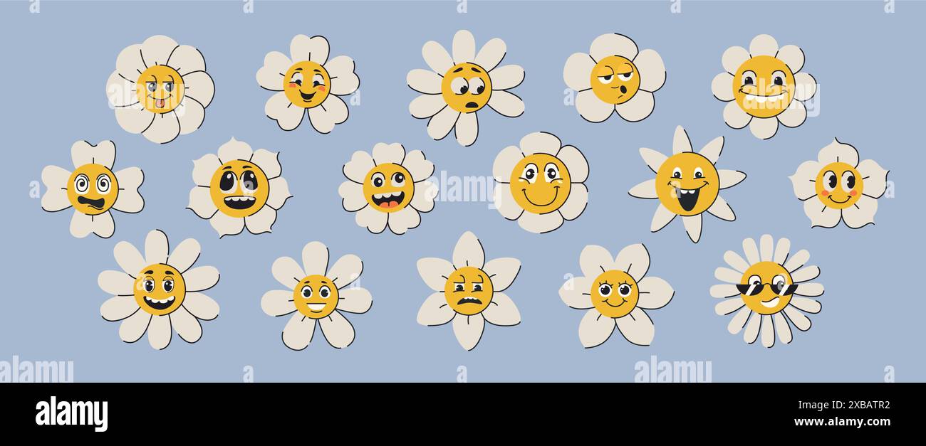 Groovy daisy flowers face set. Funky flower characters, cute smiling ...