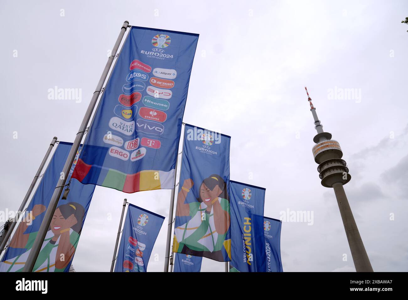 A general view of signage at the Fanzone, Olympiapark, Munich.Germany ...