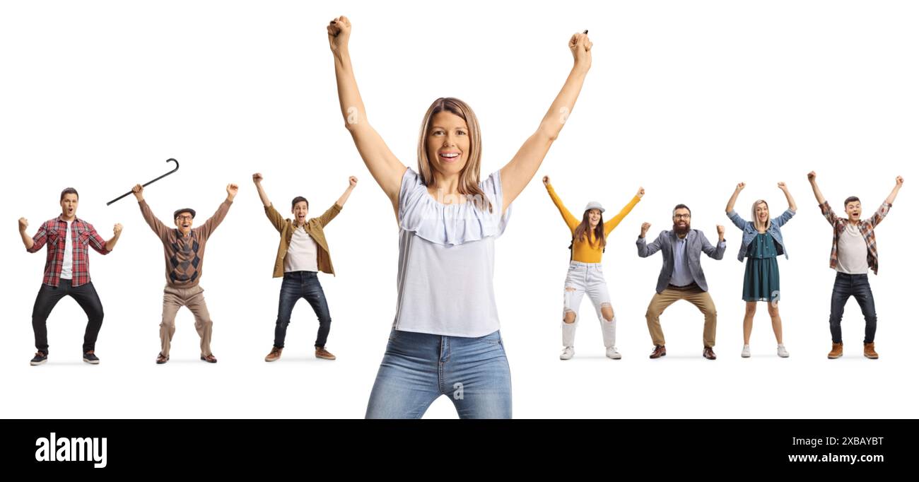 Happy young woman raising arms up and group of people cheering behind ...