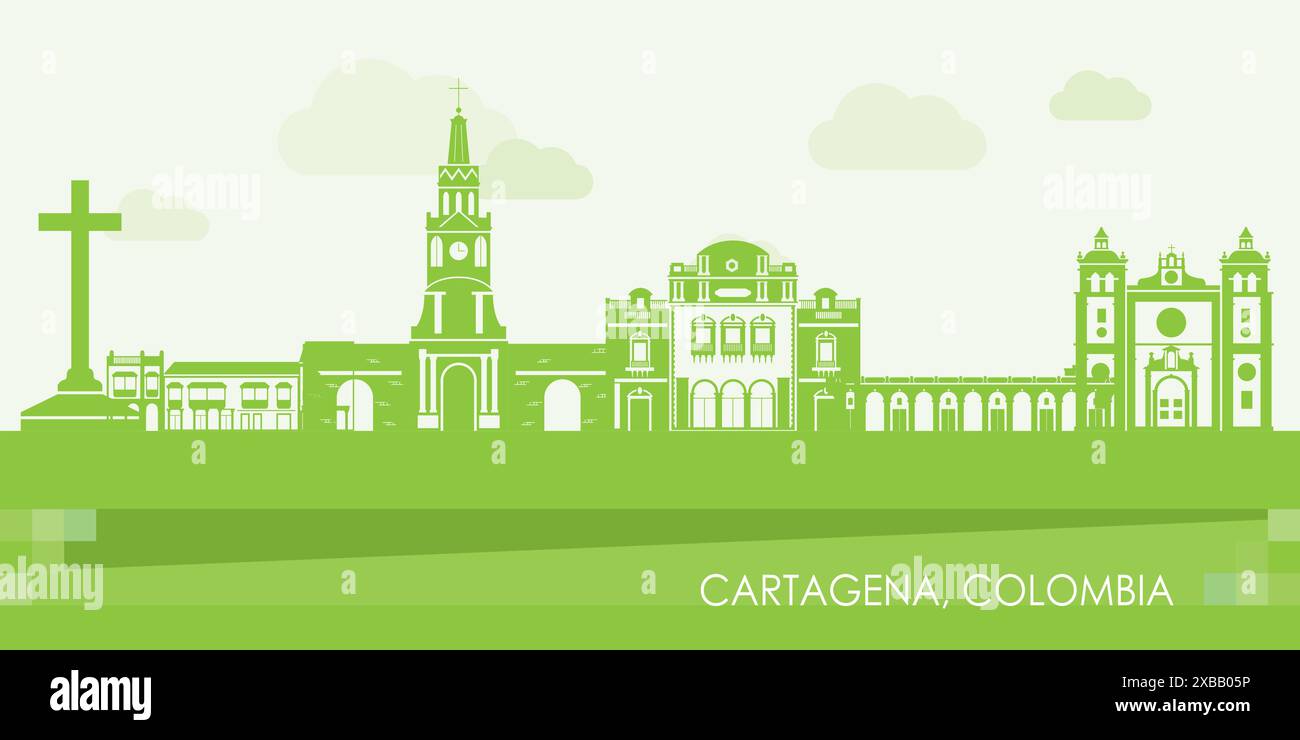 Green Skyline panorama of city of Cartagena, Colombia - vector ...