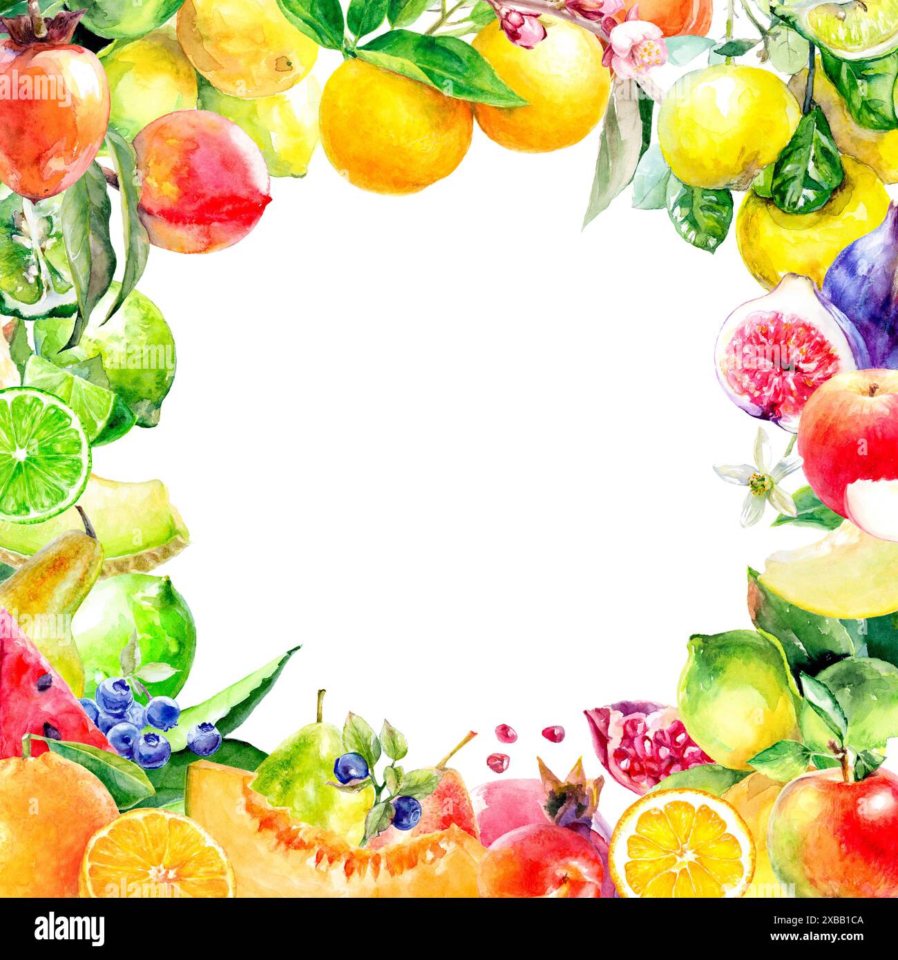 The illustration shows a colorful border of fresh fruit watercolor ...