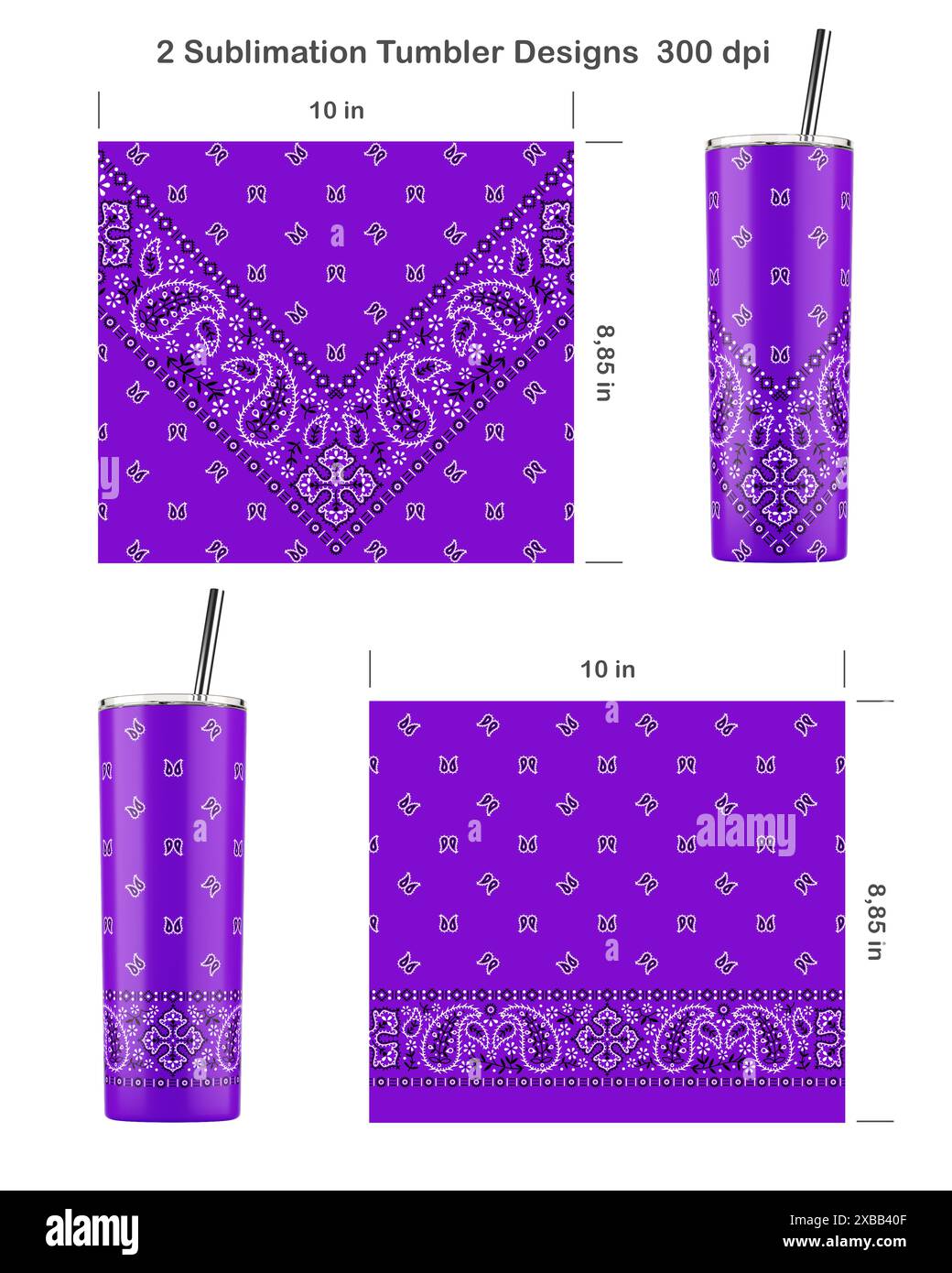 Set of 2 purple paisley bandana patterns. Seamless sublimation ...