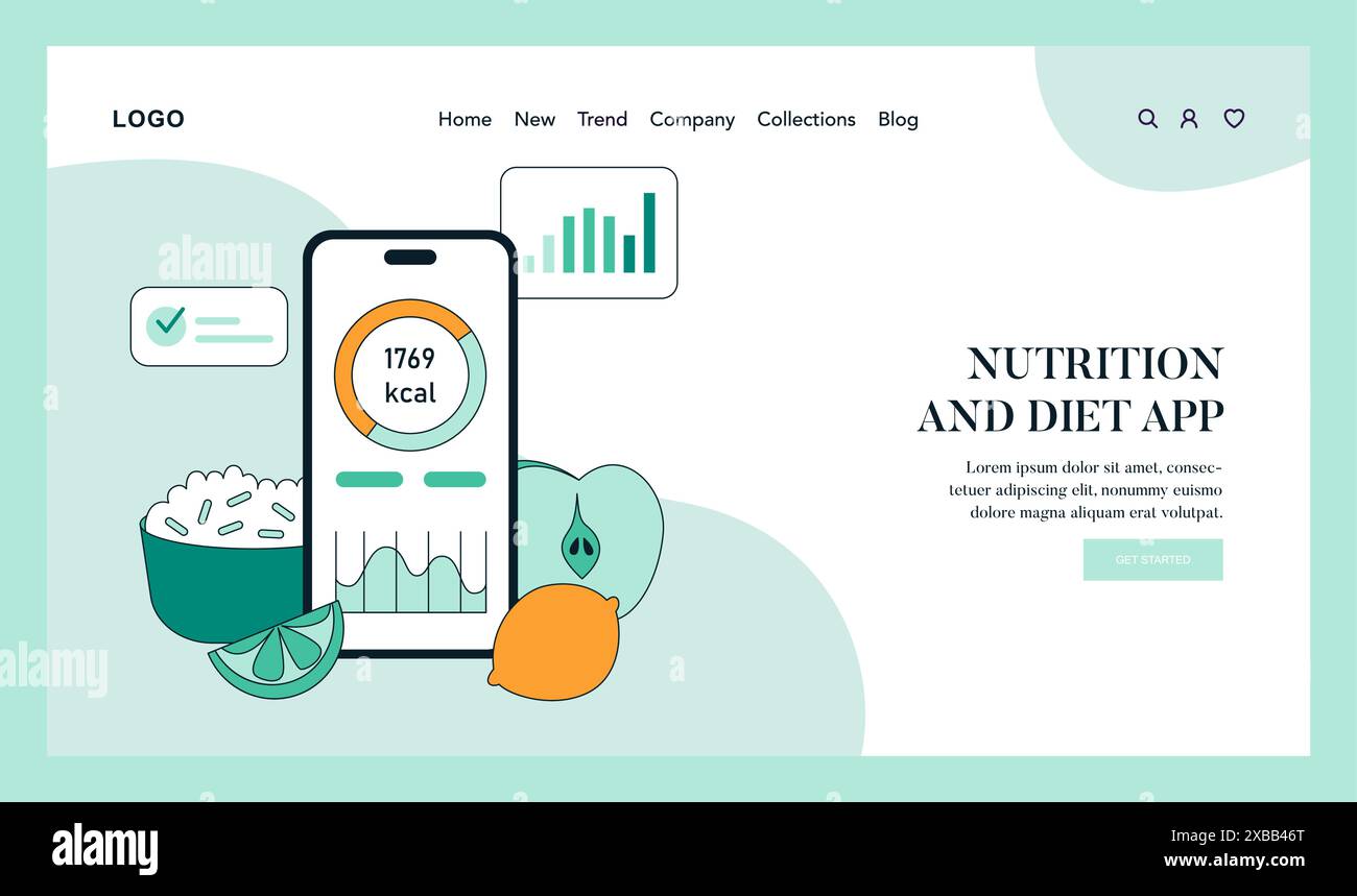 Diet tracking app concept. Interface for calorie counting and healthy eating guidance. Smart ...