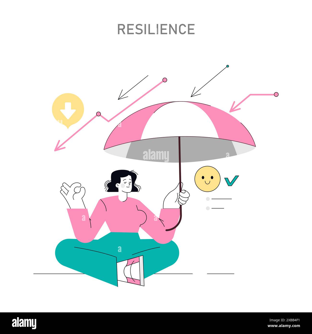 Resilience concept. Woman meditating under an umbrella shielded from ...