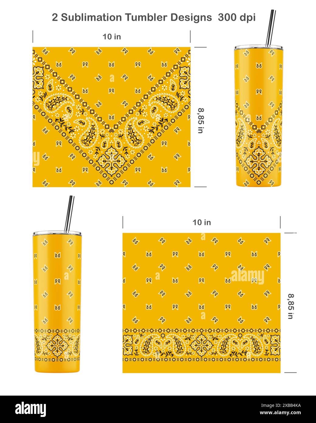 Set of 2 yellow paisley bandana patterns. Seamless sublimation ...