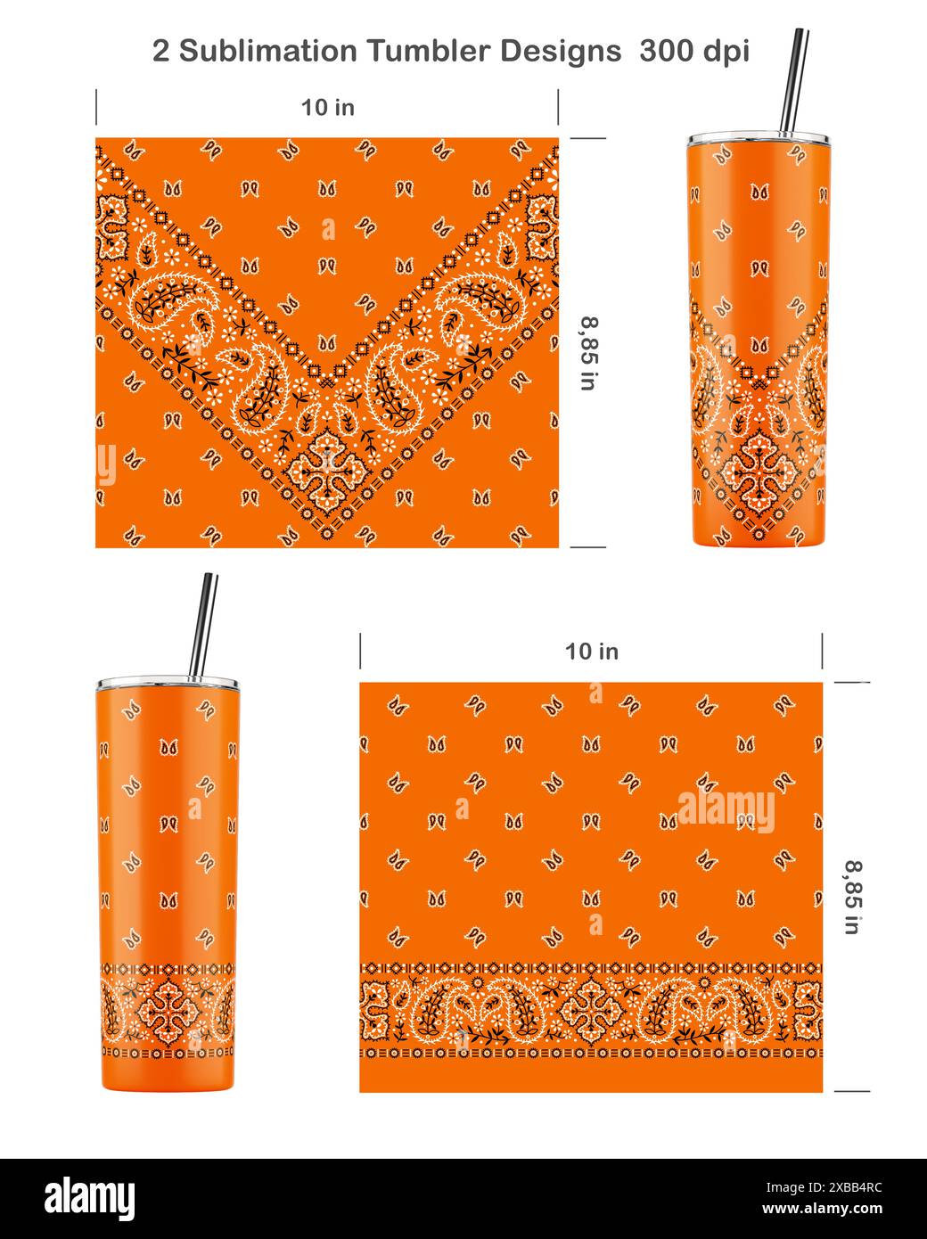 Set of 2 orange paisley bandana patterns. Seamless sublimation ...