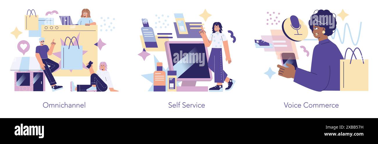 Retail Technology set. Diverse shopping experiences through omnichannel ...