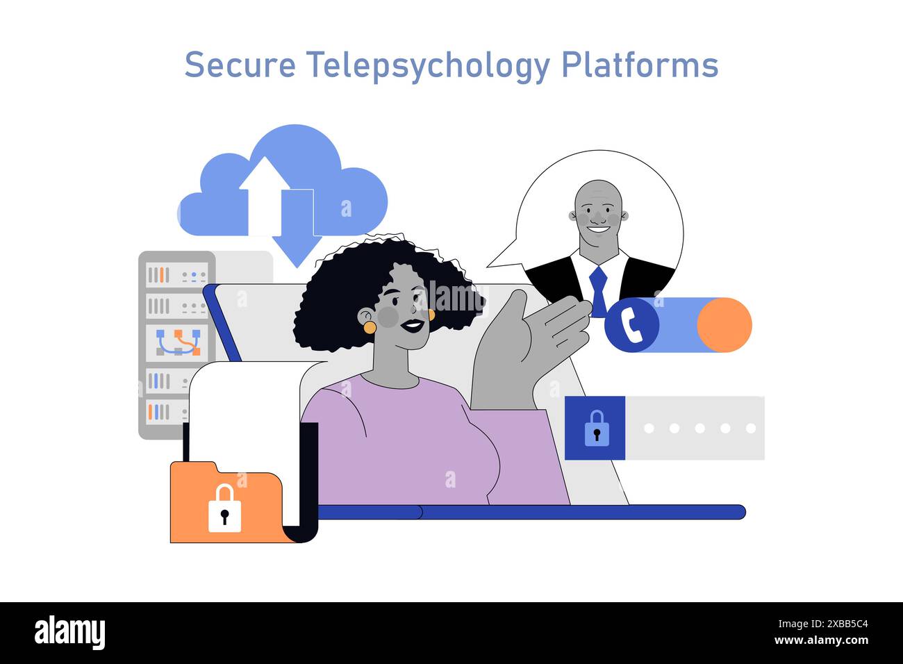 Telepsychology concept. Secure online therapy session displayed ...