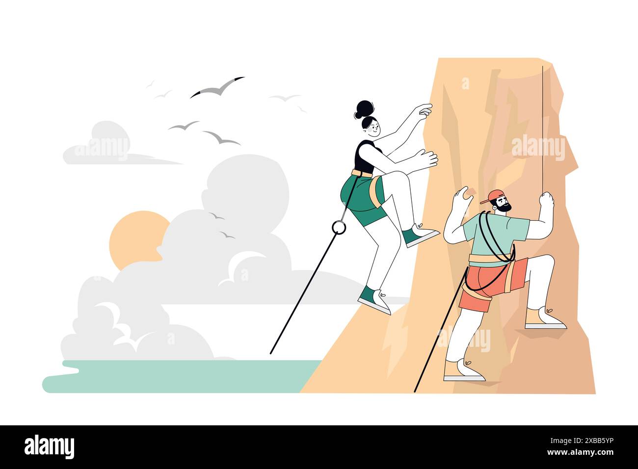 Summer climbing activity illustration. Two people engage in rock ...