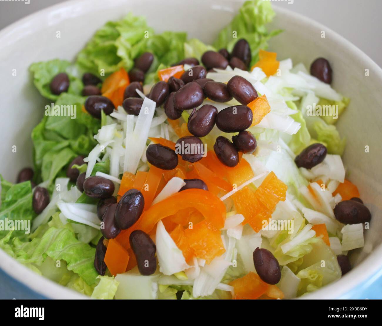 Fresh salad ingredients of black beans and diced orange peppers and ...