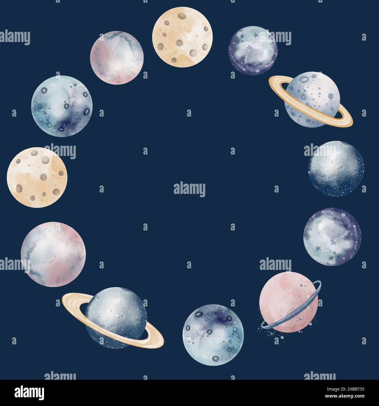 Planet round wreath. Watercolor Space circular Frame on isolated dark ...