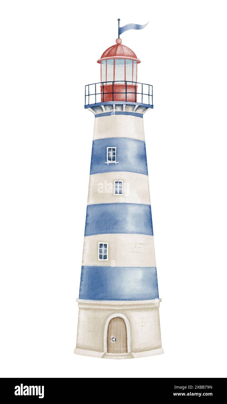 Watercolor Lighthouse Illustration with Blue and White Stripes. Drawing ...