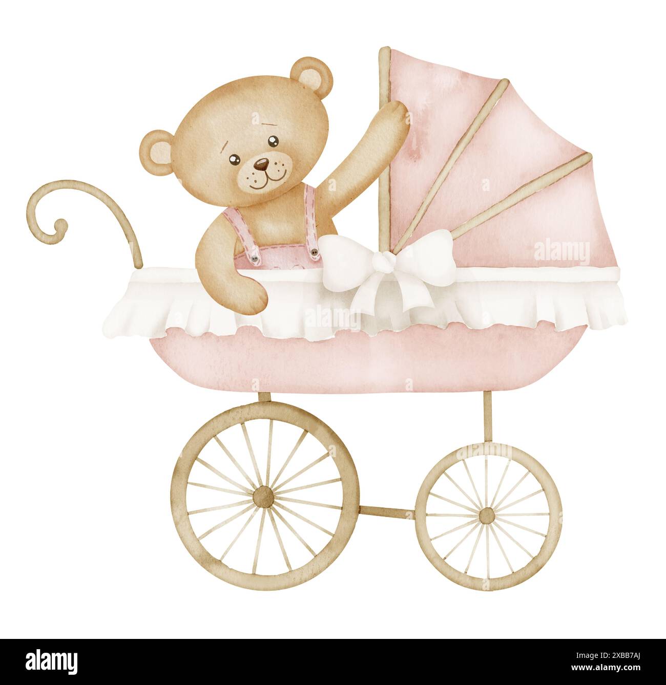 Watercolor Baby Pram with Teddy bear in vintage style. Retro kid ...