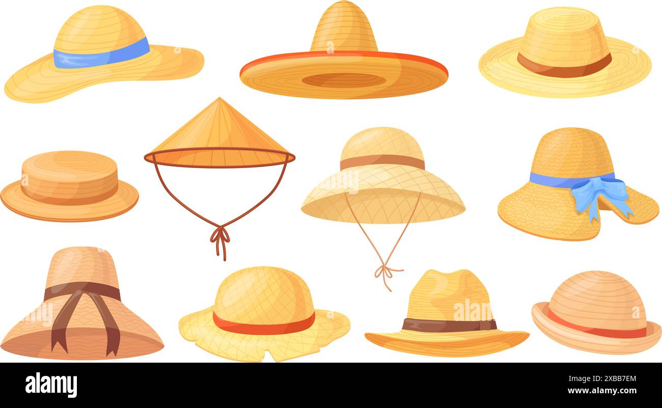 Cartoon straw hats. Asian rice farmer or garden worker hat, summer ...